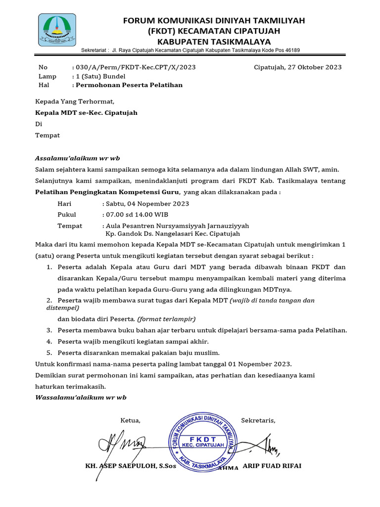 Surat Permohonan Peserta Pelatihan | PDF