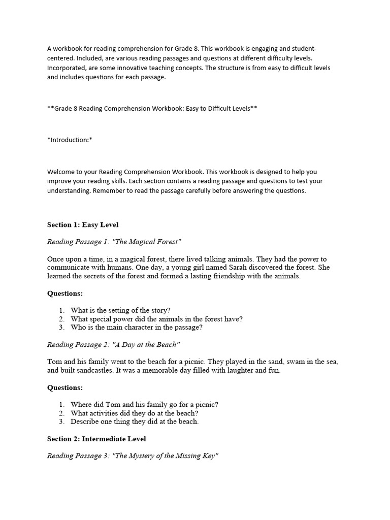 Grade 8 Reading Comprehension Workbook | PDF | Reading Comprehension ...