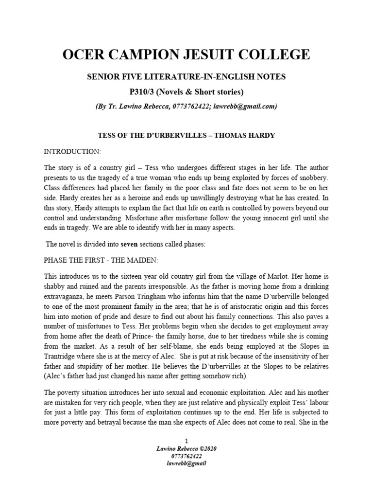 S.5 2020 Literature P310.3 Novels. Notes On - Tess - by Tr. Rebecca ...