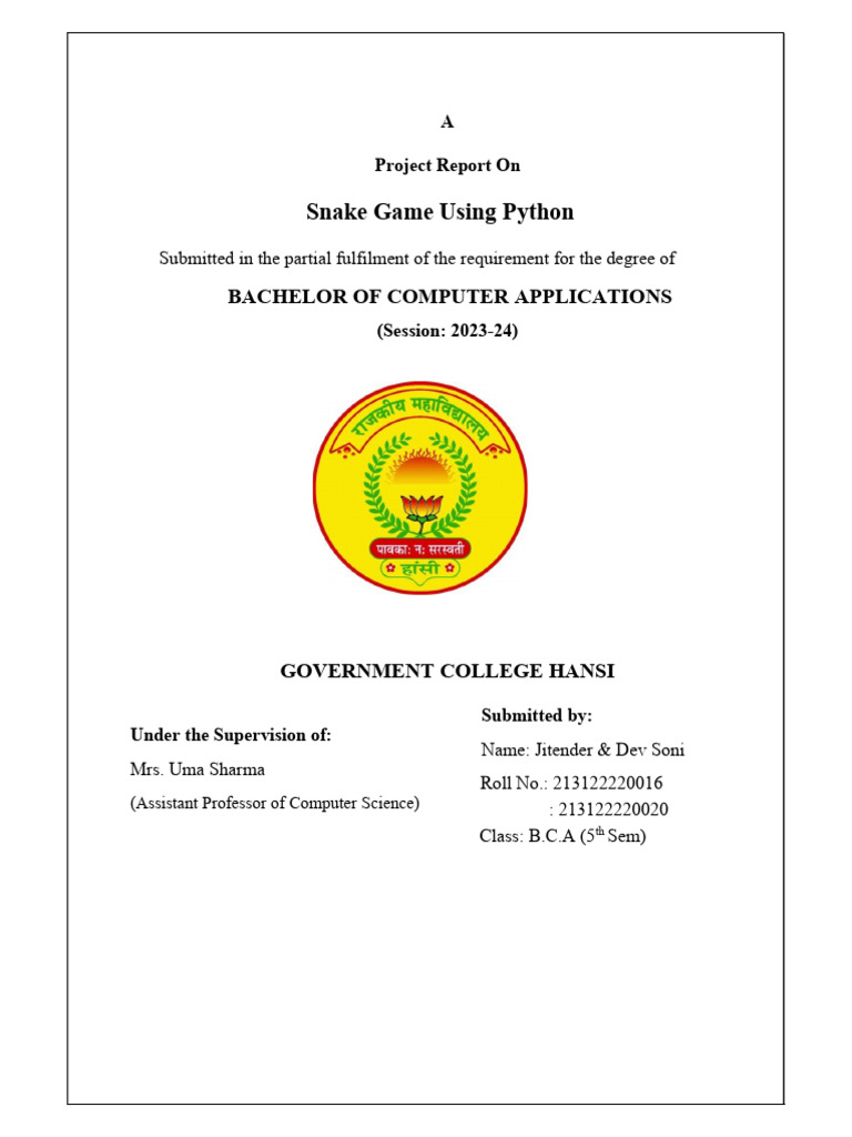 Snake Game Using Python: Bachelor of Computer Applications | PDF | Computer Data Storage ...