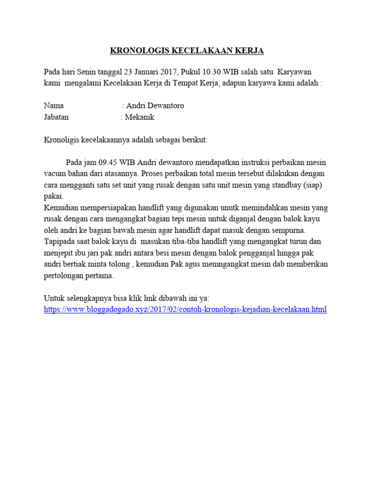 Contoh Kronologis Kecelakaan Kerja Untuk | PDF