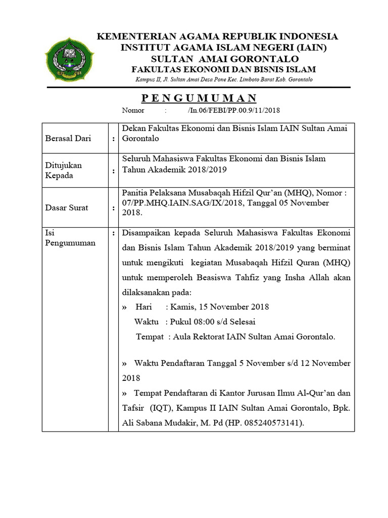 Contoh Surat Pengumuman | PDF