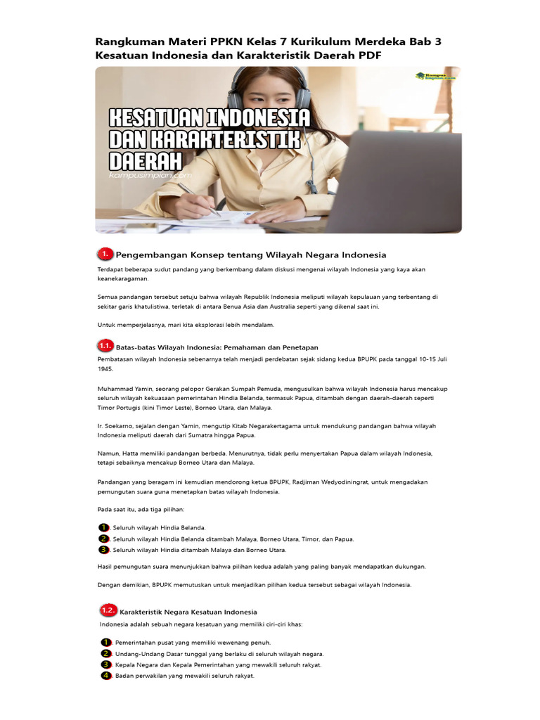 Rangkuman Materi PPKN Kelas 7 Kurikulum Merdeka Bab 3 Kesatuan Indonesia Dan Karakteristik ...