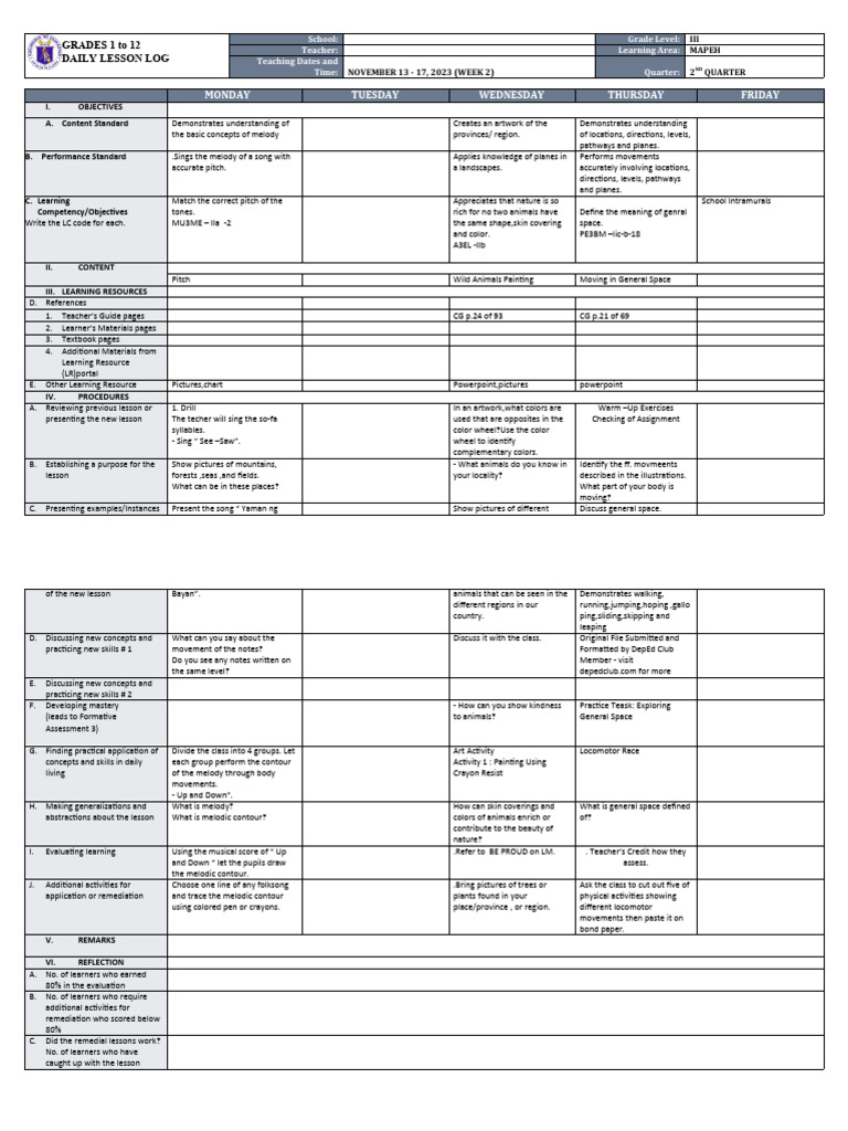 DLL - Mapeh 3 - Q2 - W2 | PDF | Learning | Teachers