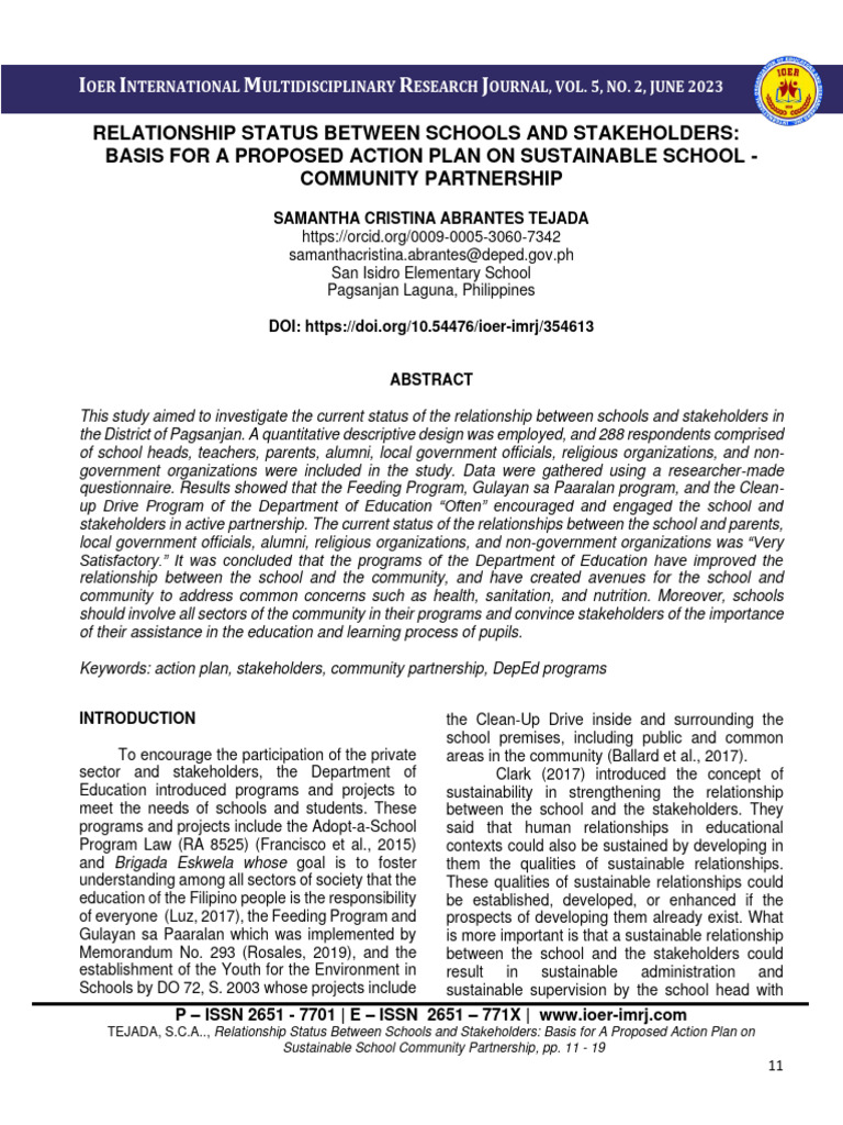Relationship Status Between Schools and Stakeholders Basis For A ...