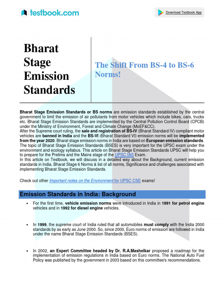 Bharat Stage Emission Standards Overview | PDF | Exhaust Gas ...