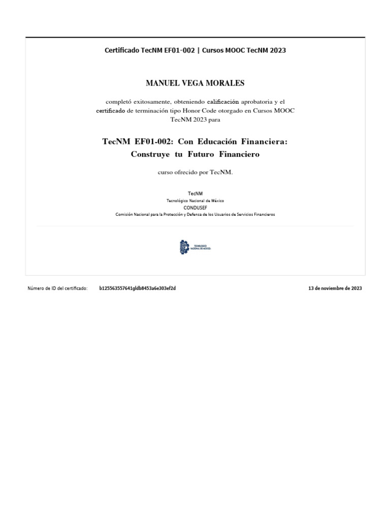 Certificado TecNM EF01-002 - Cursos MOOC TecNM 2023 | PDF