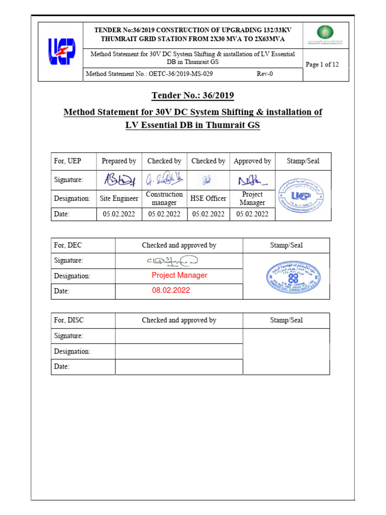 OETC-MS-029-30V DC System Shifting & Installation of LV ESDB Works Inside GS - Rev-0 | PDF ...