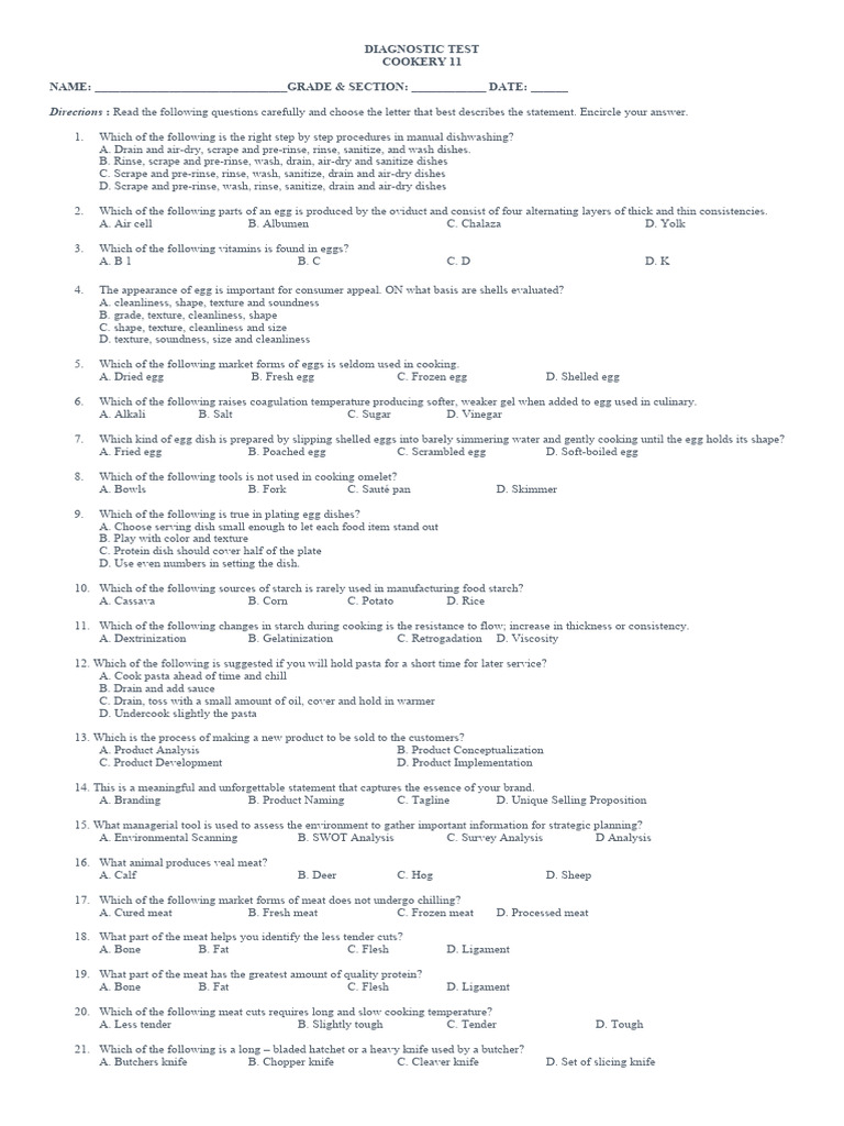 Cookery Diagnostic Test | PDF | Egg As Food | Cooking