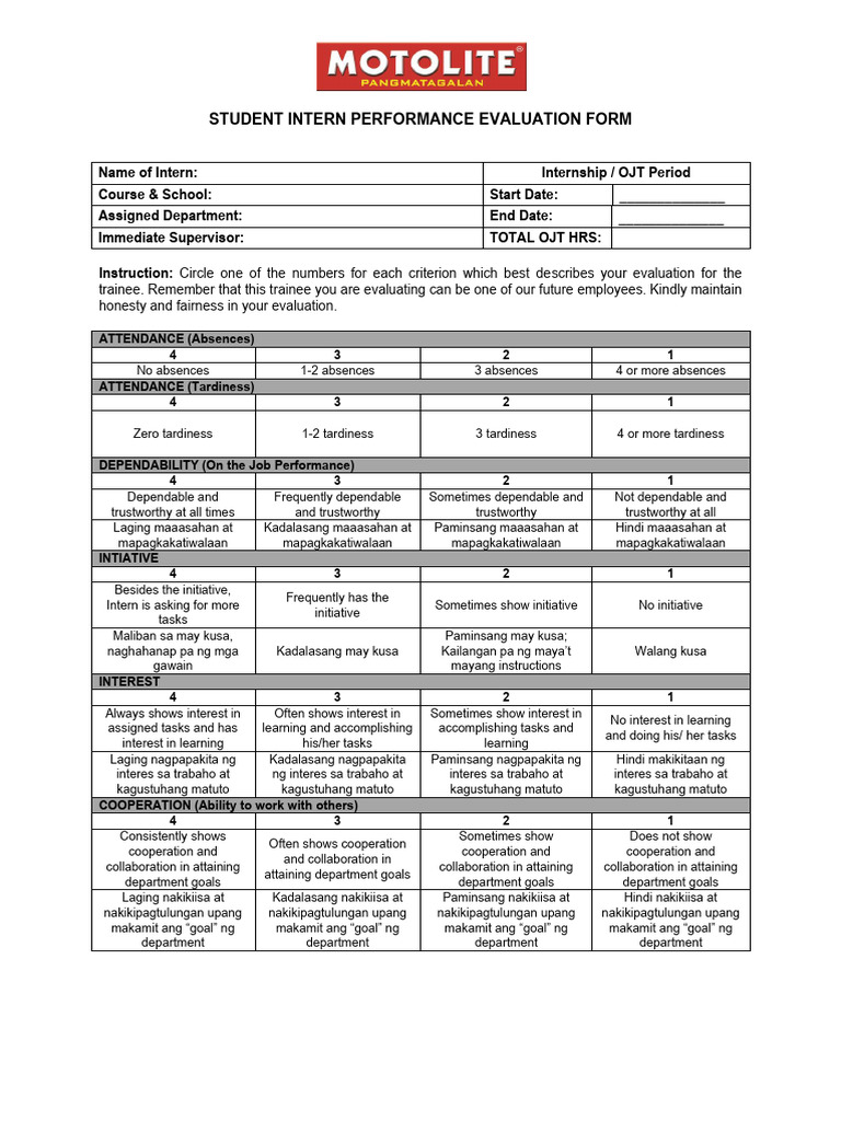 Student Intern Performance Evaluation Form PDF Internship Job Hunting