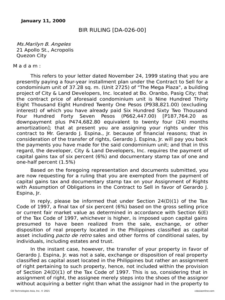 BIR - Ruling DA-026-00 (11 January 2000) | PDF | Assignment (Law) | Taxes