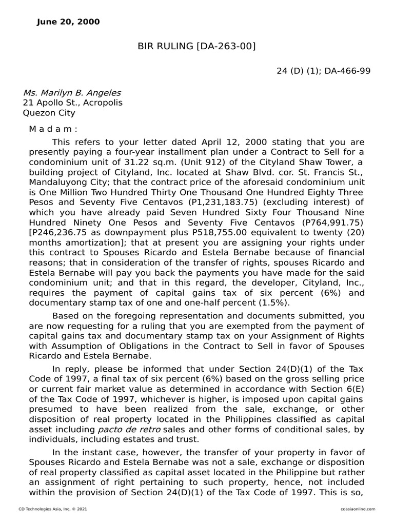 BIR - Ruling DA-263-00 (20 June 2000) | PDF | Assignment (Law) | Taxes