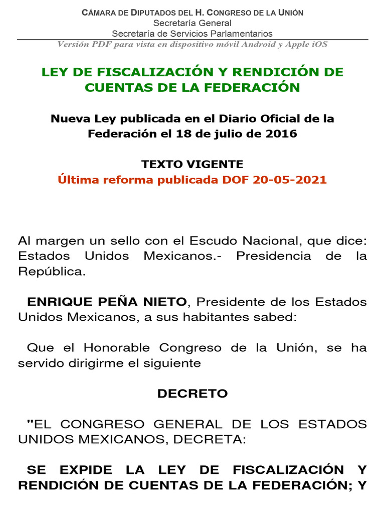 Ley de Fiscalizacion y Rendicion de Cuentas de La Federacion | PDF | Auditoría | Presupuesto