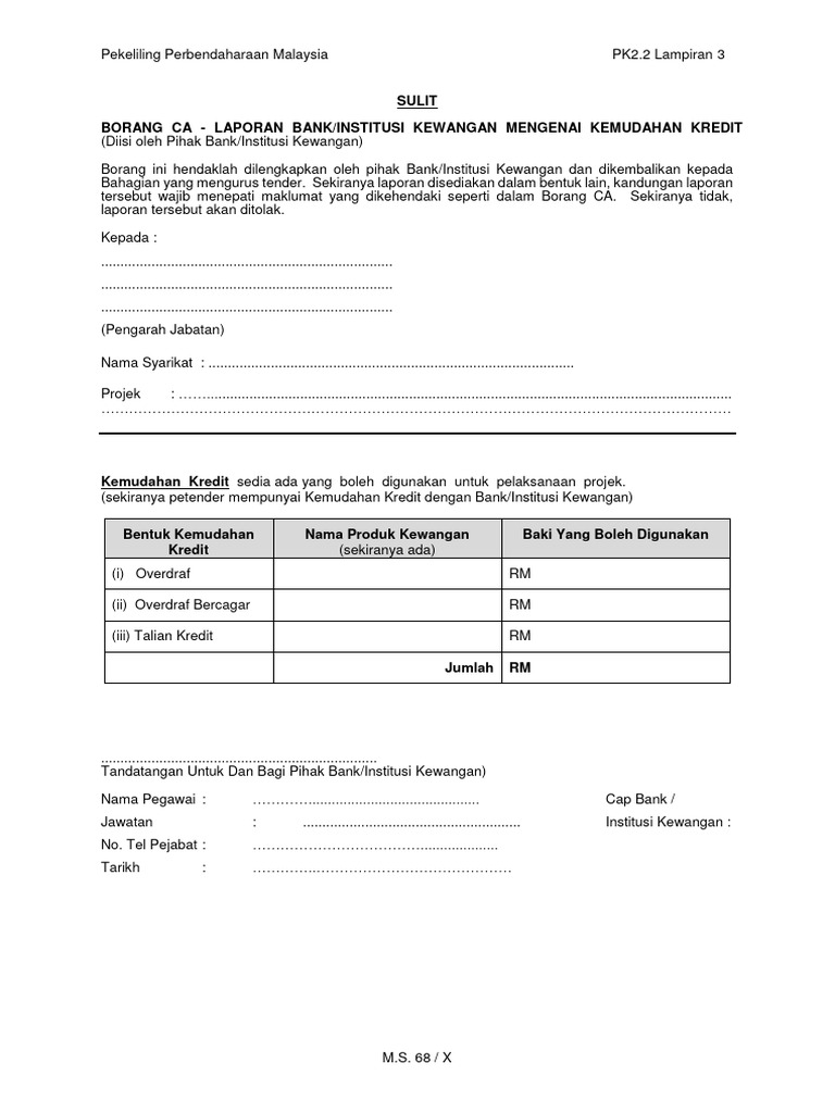 Sulit Borang Ca - Laporan Bank/Institusi Kewangan Mengenai Kemudahan Kredit | PDF