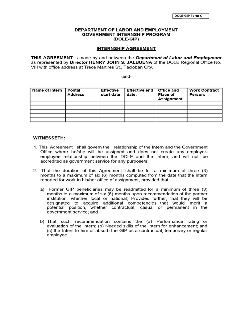Dole Gip Internship Agreement | PDF | Employment | Unemployment Benefits