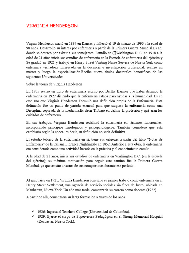Biografía y aportes de Virginia Henderson | PDF | Enfermería | Cuidado ...