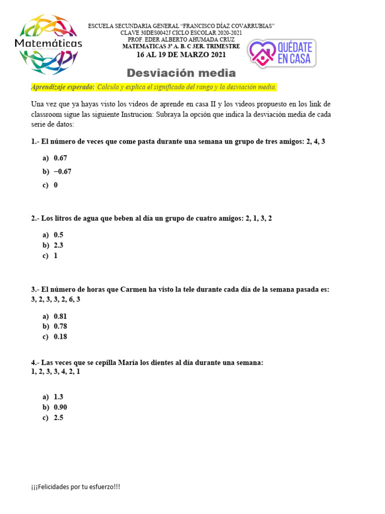 Ejercicios de Desviación Media Matemáticas | PDF