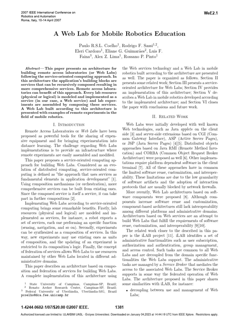 A Web Lab For Mobile Robotics Education Pdf World Wide Web Internet And Web