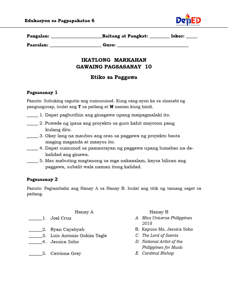 EsP 6-Q3-G.Pagsasanay 10 | PDF