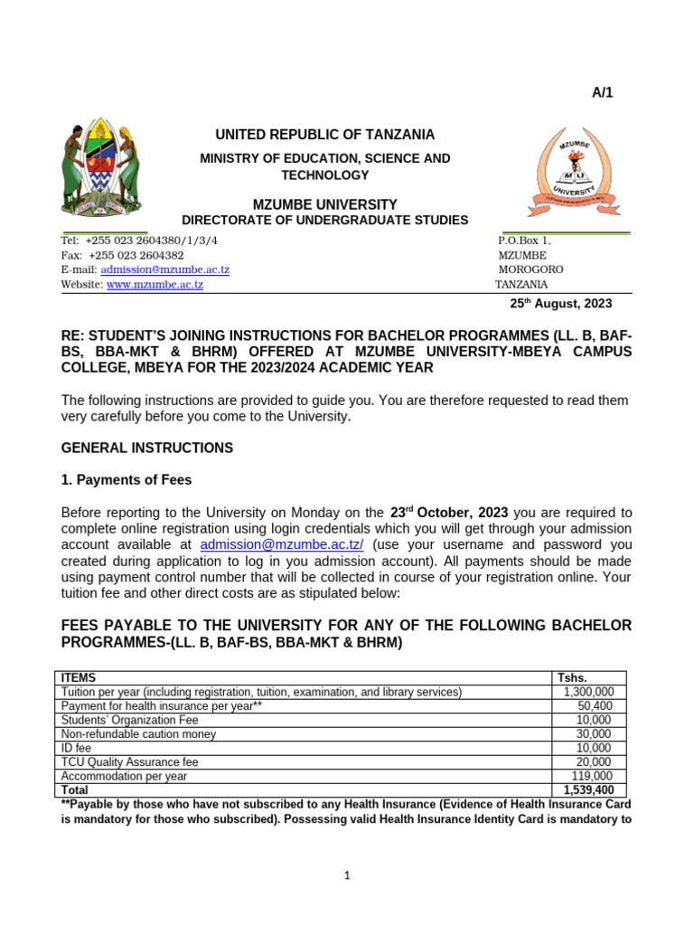 Mzumbe University Joining Instructions 2023 | PDF | Libraries | Fee
