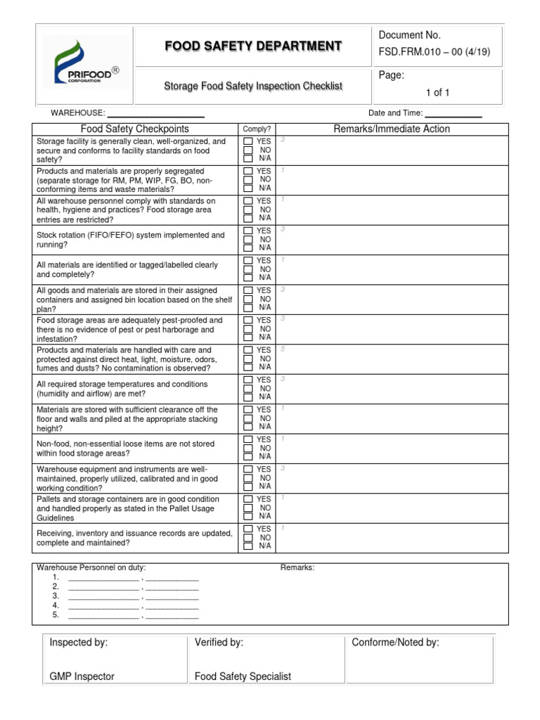 GWP Checklist - Prifood WH | PDF | Warehouse | Food Safety