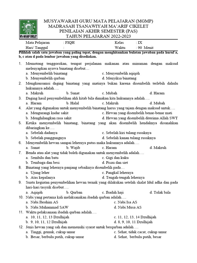 Soal Pas Fiqih Kelas Ix 2022 - 2023 | PDF