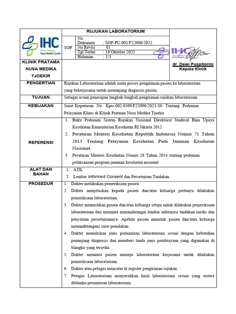Sop Rujukan Laboratorium | PDF | Sains & Matematika