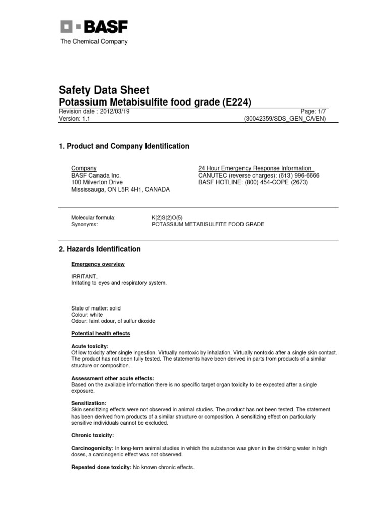 Potassium Metabisulfite SDS E224 | PDF | Toxicity | Sewage Treatment