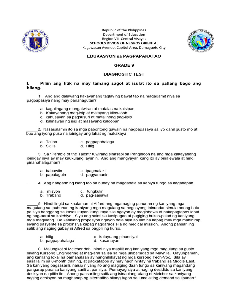Grade 9 - EsP Diagnostic Test With Answer Key | PDF