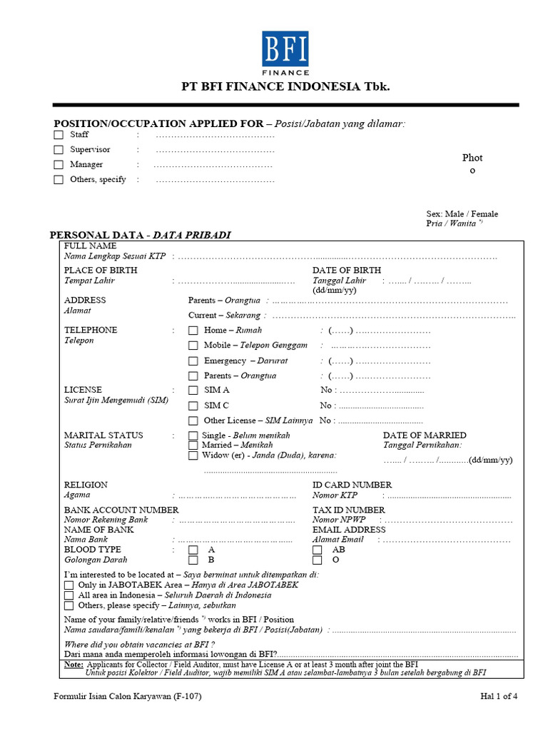 F-107 Form Pengisian Calon Karyawan | PDF