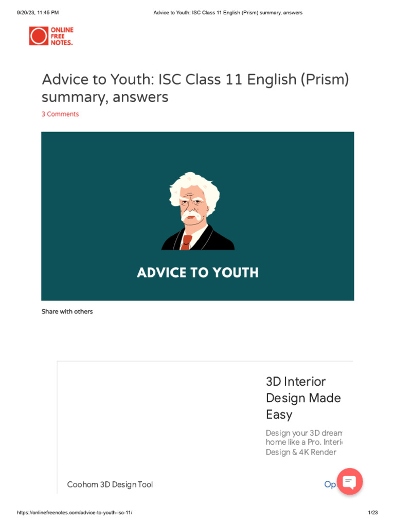 Advice To Youth - ISC Class 11 English (Prism) Summary, Answers | PDF ... Advice To Youth - ISC Class 11 English (Prism) Summary, Answers | PDF ...