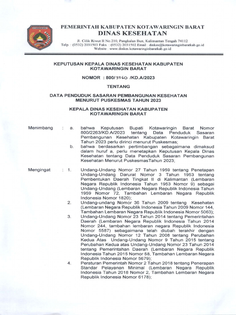 Data Penduduk Sasaran Pembangunan Kesehatan Menurut Puskesmas TH 2023 | PDF