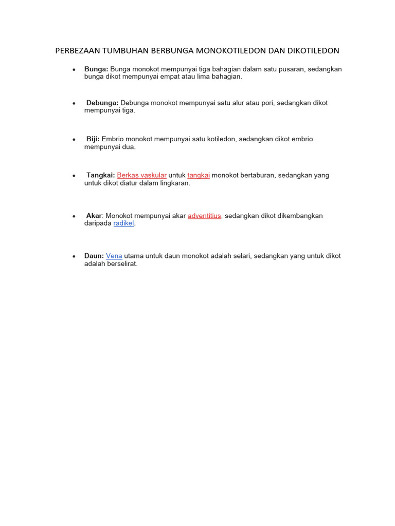 Perbezaan Tumbuhan Berbunga Monokotiledon Dan Dikotiledon | PDF