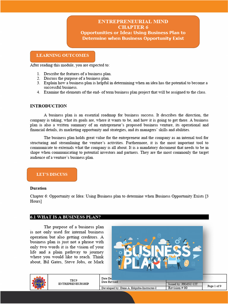 Entrepreneurial Mind Module 6 | PDF | Business Plan | Entrepreneurship