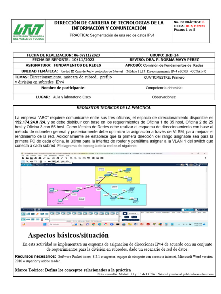 Practica 6 División de Subredes de Una Red IPv4 IRD14 CLASE | PDF | Dirección IP ...