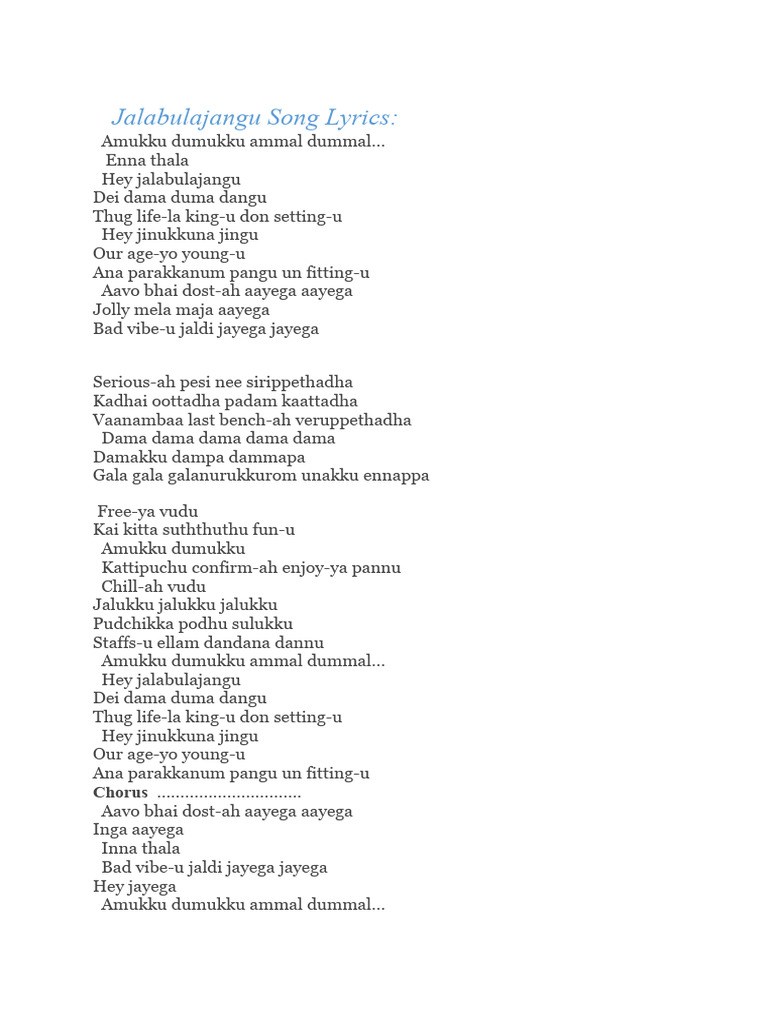 Jalabulajangu Song Lyrics:: Chorus | PDF | Poetry