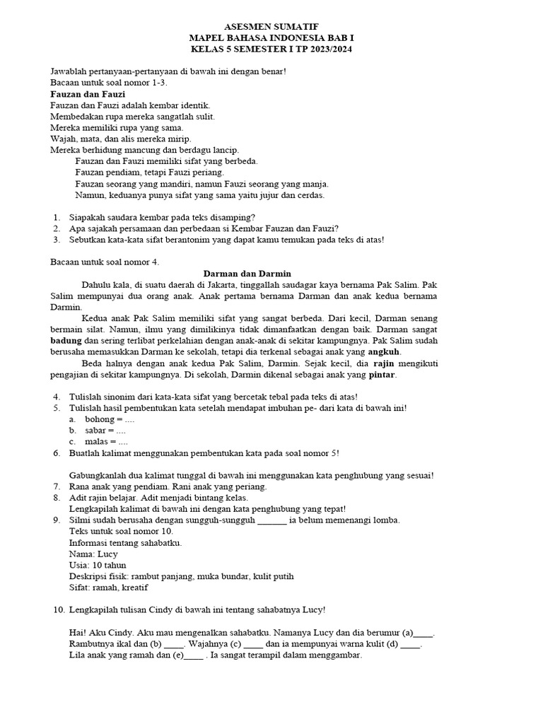 Asesmen Sumatif Bahasa Indonesia Kelas 5 BAB 1 | PDF