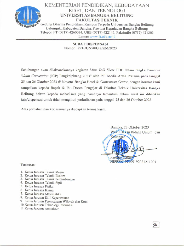 2931 - SURAT DISPENSASI (Mhs FT Utk Tidak Kuliah PD 25 - 26 Okt '23, KRN Mengikuti Keg. Mini ...