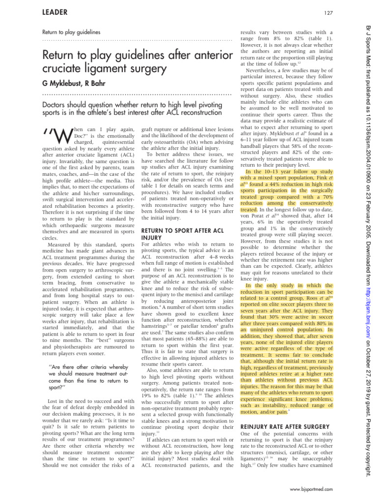 ACL Return To Play (Myklebust Et Al 2005) | PDF | Knee ...