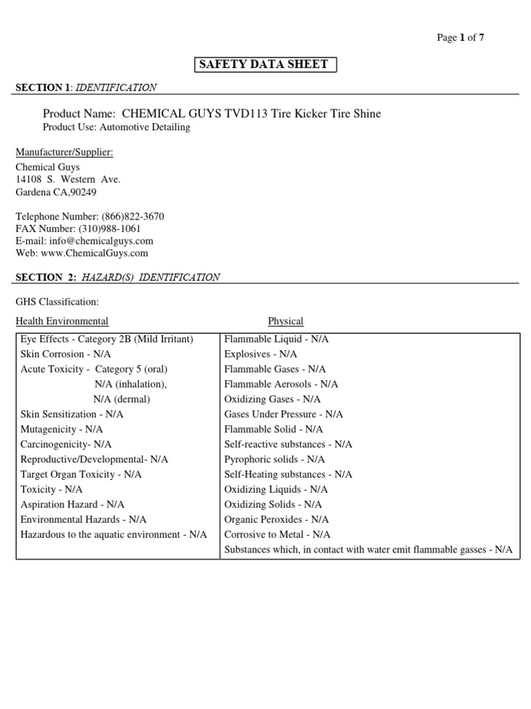 CHEMICAL GUYS TVD113 TIRE KICKER TIRE SHINE | PDF | Toxicity | Physical ...