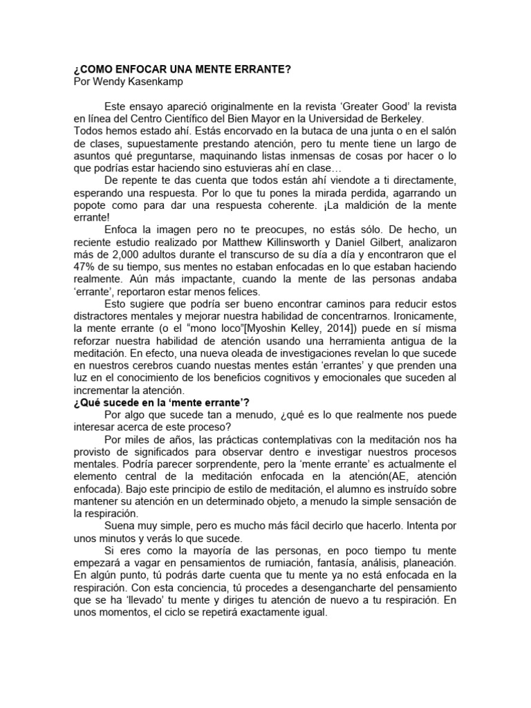 ¿Como Enfocar Una Mente Errante | PDF | Pensamiento | Mente
