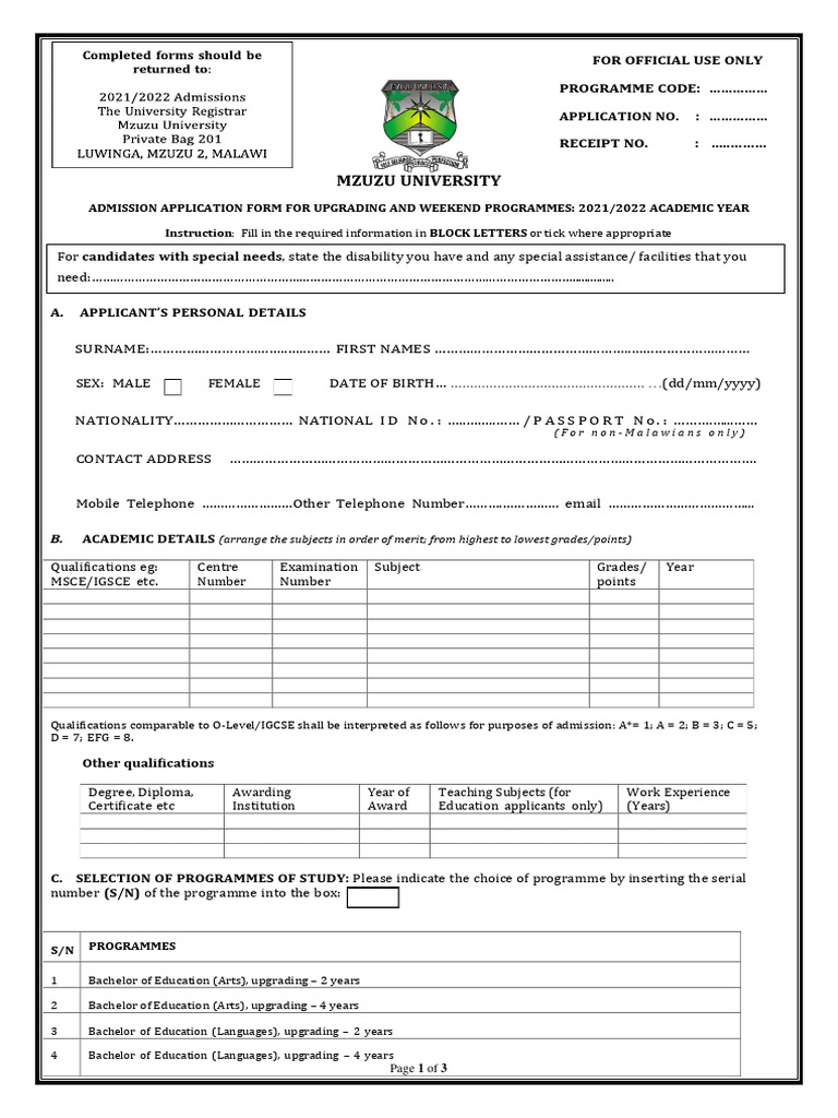 Application Form For 2021 2022 MZUNI Upgrading Programmes 1 | PDF ...