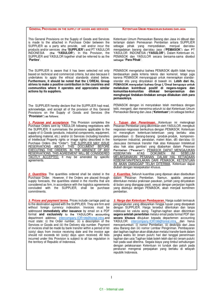 Ketentuan Pemasokan PT Yasulor Indonesia | PDF