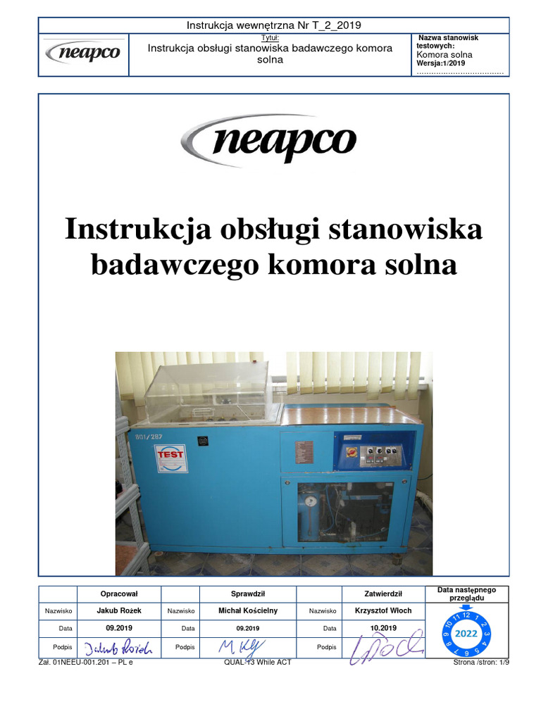 Komora solna - instrukcja obsługi stanowiska rev.01 | PDF