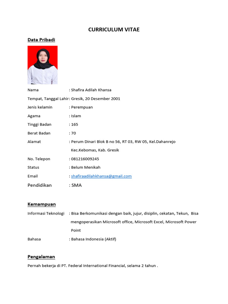 CV Shafira Adilah Khansa | PDF | Kesehatan Holistik