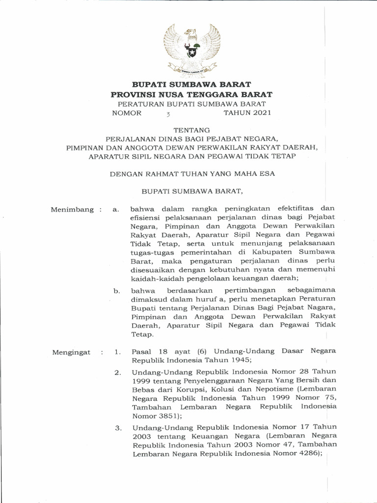 Perbup Sumbawa Barat No 3 Tahun 2021 Perjalanan Dinas ... | PDF