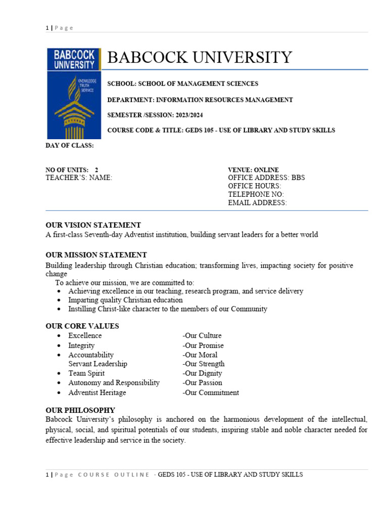 Course Outline For GEDS 105-Use of Lbrary 2023 - 2024 | PDF | Libraries ...