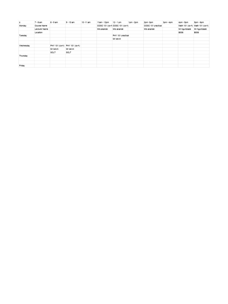 100 Level Computer Science Timetable Pdf