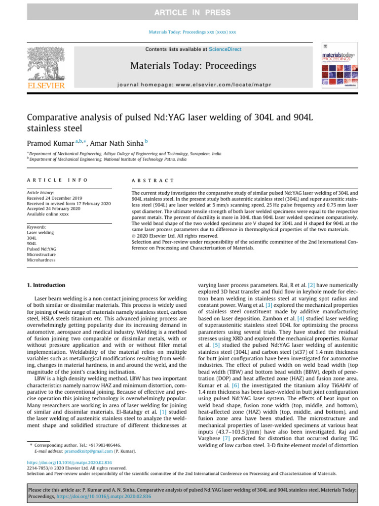 Comparative Analysis Of Pulsed Nd Yag Laser Welding Of 304l And 904l Stainless Steel