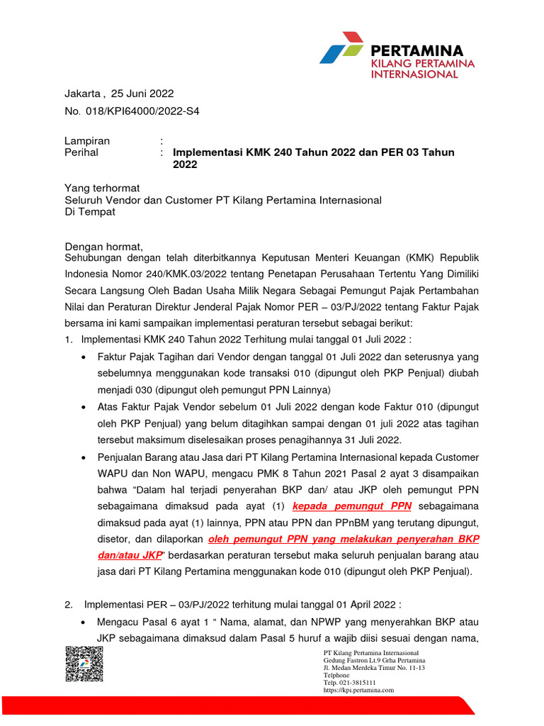 3 - Surat - Keluar - 018 - KPI64000 - 2022-S4 Pemberitahuan Wapu | PDF